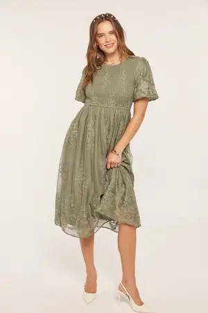 PINKBLUSH Floral Lace Smocked Maternity Midi Dress - Light Olive