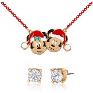 Disney Mickey And Minnie Mouse Santa Necklace And Stud Earrings Set - Multi