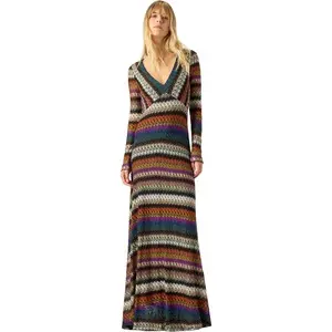 Missoni Flared Long Dress With V-neck And Long Sleeves - Multicoloured