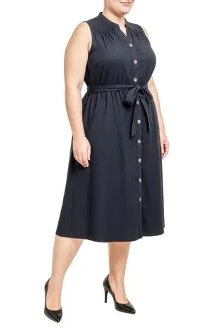 STANDARDS & PRACTICES Belted Sleeveless Cotton Shirtdress - Navy
