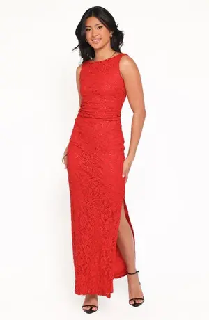 PETAL & PUP Ruben Sequin Lace Ruched Maxi Dress