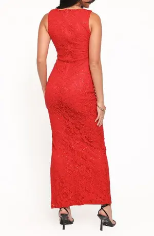 PETAL & PUP Ruben Sequin Lace Ruched Maxi Dress