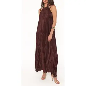 PETAL & PUP Melody Plissé Metallic Dot Halterneck Maxi Dress - Brown