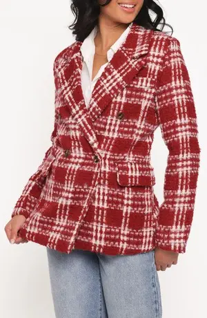 PETAL & PUP Juliette Plaid Bouclé Blazer - Red