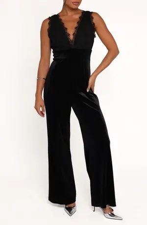 PETAL & PUP Eloise Lace Trim Velvet Jumpsuit - Black Velvet