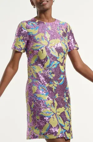 ISAAC MIZRAHI NEW YORK Sequin Floral Shift Mini Dress