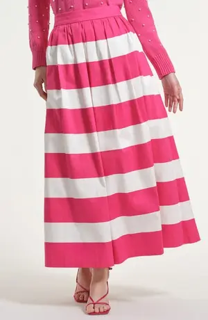 ISAAC MIZRAHI NEW YORK Striped Stretch Cotton Maxi Skirt - Pink/white
