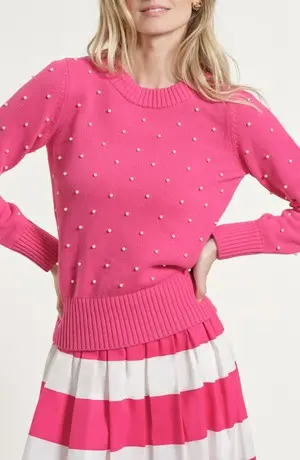 ISAAC MIZRAHI NEW YORK Faux Pearl Accent Cotton Crewneck Sweater - Fuchsia