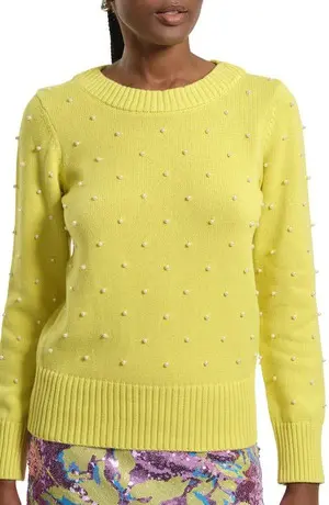 ISAAC MIZRAHI NEW YORK Faux Pearl Accent Cotton Crewneck Sweater - Lime