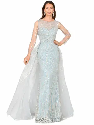 LARA NEW YORK Long Sleeve Lace Gown With Tulle Overskirt - Frost