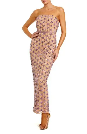 Mac Duggal Mesh Beaded Strapless Column Ankle Dress
