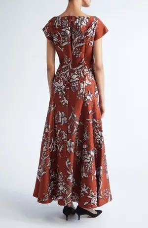 Lela Rose Metallic Floral Brocade A-line Gown