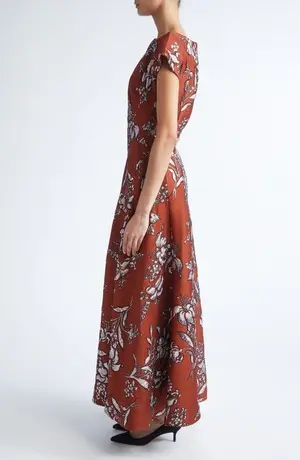 Lela Rose Metallic Floral Brocade A-line Gown