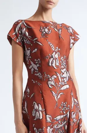 Lela Rose Metallic Floral Brocade A-line Gown