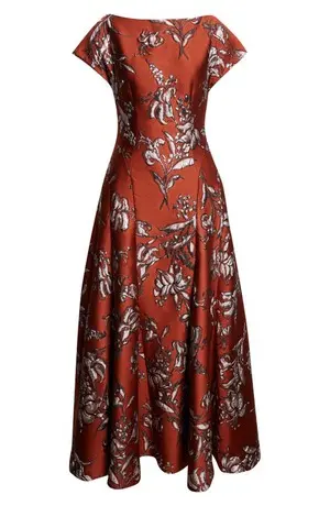 Lela Rose Metallic Floral Brocade A-line Gown