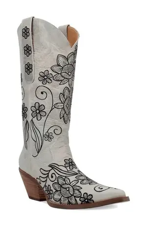 DINGO Floral Embroidery Western Boots - White