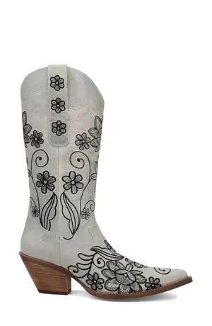 DINGO Floral Embroidery Western Boots - White