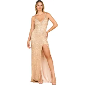 LARA NEW YORK Fitted Beaded Gown With Spaghetti Straps - Blush