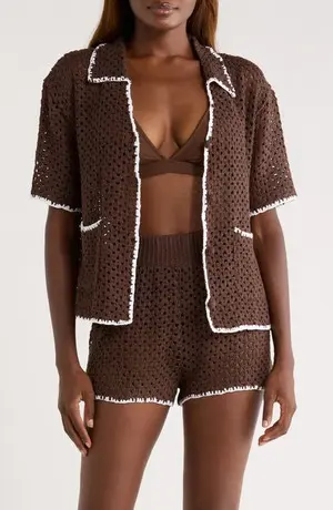 Elan Crochet Button-up Cover-up Brown