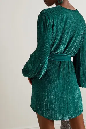 Retrofete Gabrielle Velvet-trimmed Sequined Mini Wrap Dress - Emerald