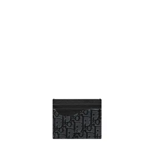 Dior Saddle Card Holder - Black Grained Calfskin And Silver-tone Metallic Dior Oblique Jacquard Marquetry