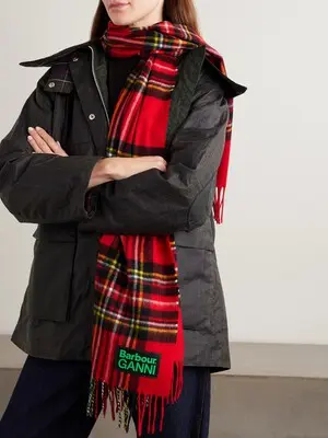 Barbour Ganni Fringed Appliquéd Checked Wool Scarf