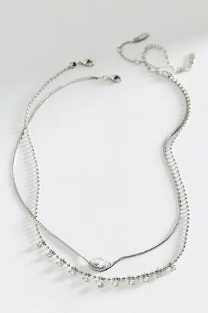 Anthropologie Mixed Crystal Layering Necklaces, Set Of 2 - Silver