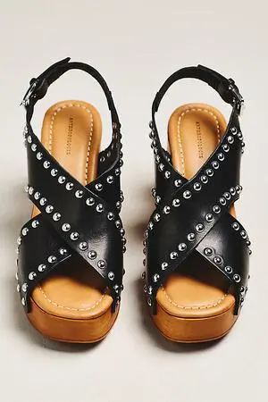 Anthropologie Studded Cross-strap Platform Heels - Black Leather
