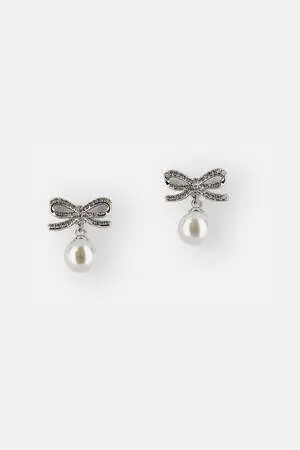 SELF-PORTRAIT Bow Earrings With Pearl - Silver