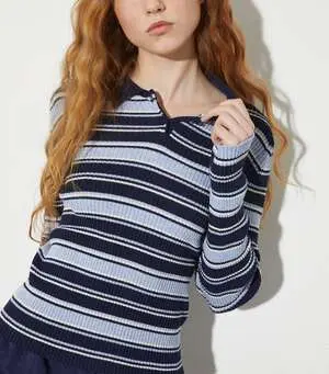 Max & Co. Rib-knit Stripe Polo Sweater - Blue