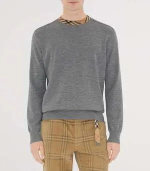 Burberry Wool Check-trim Crewneck Sweater - Grey