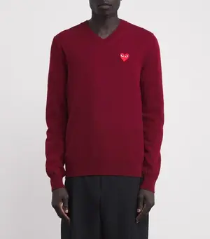 Play Comme Des Garcon Wool V-neck Sweater - Burgundy