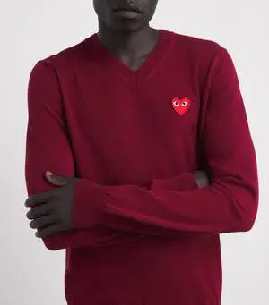 Play Comme Des Garcon Wool V-neck Sweater - Burgundy