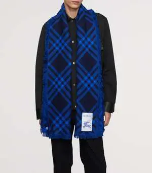 Burberry Wool-silk Wide Check Scarf - Blue