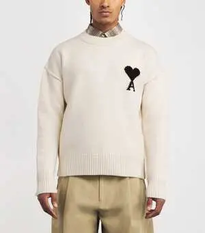 Ami Wool Sweater With Logo - Beige