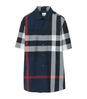 Burberry Cotton Enlarged-check Short-sleeve Shirt - Navy