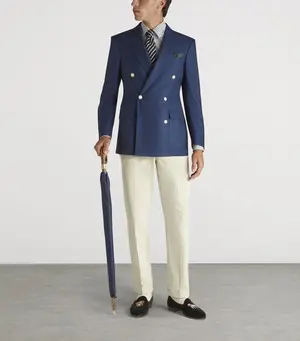 Dunhill Long Umbrella With Wooden Handle - Navy