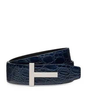 TOM FORD Leather Reversible T Icon Belt - Navy