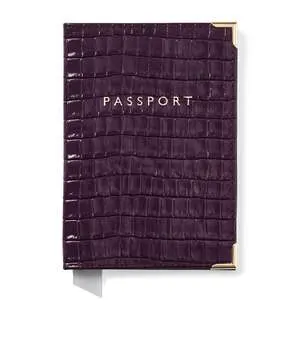 ASPINAL OF LONDON Leather Croc-embossed Passport Cover - Purple