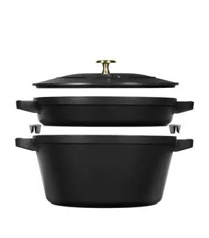 STAUB 2-piece Round Stackable Cocotte Set - Black