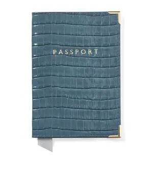 ASPINAL OF LONDON Leather Croc-embossed Passport Cover - Blue