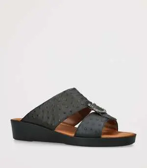 BROTINI Ostrich Effect Leather Wedge Sandals With Horseshoe Hardware - Black