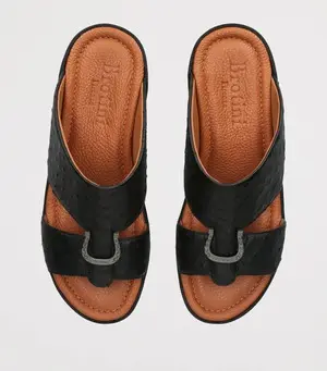 BROTINI Ostrich Effect Leather Wedge Sandals With Horseshoe Hardware - Black