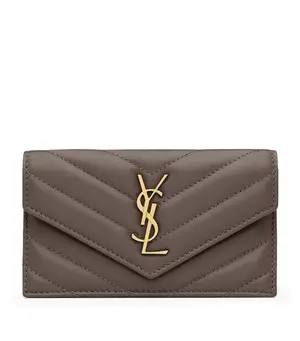 Saint Laurent Leather Cassandre Fragments Flap Card Holder - Grey