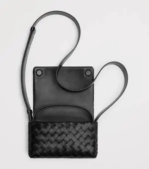 Bottega Veneta Mini Leather Intrecciato Flap Cross-body Bag - Grey