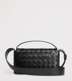 Bottega Veneta Mini Leather Intrecciato Flap Cross-body Bag - Grey