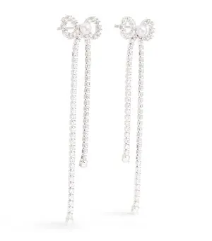 SELF-PORTRAIT Crystal And Faux Pearl Bow Drop Earrings - Silver