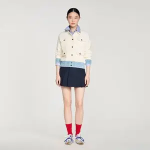 Sandro Oversized Bouclé Cardigan With Denim Details - Ecru