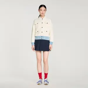 Sandro Oversized Bouclé Cardigan With Denim Details - Ecru