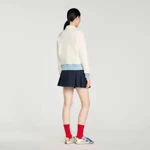Sandro Oversized Bouclé Cardigan With Denim Details - Ecru
